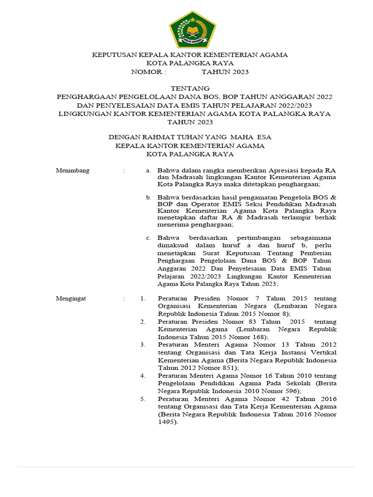 SK Penghargaan Bos Bop Emis 2023 Rakor & Sosialisasi 13 - 14 Juni 2023 | PDF