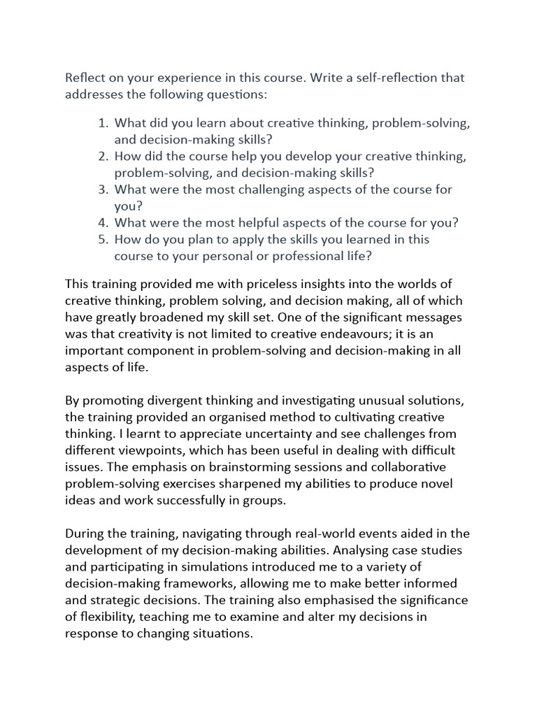 Reflect On Your Experience in This Course | PDF | Creativity | Decision ...