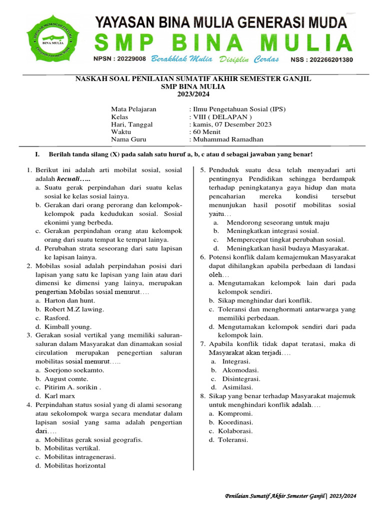 Soal IPS Kelas 8 Semester Ganjil 2023 | PDF | Ilmu Sosial