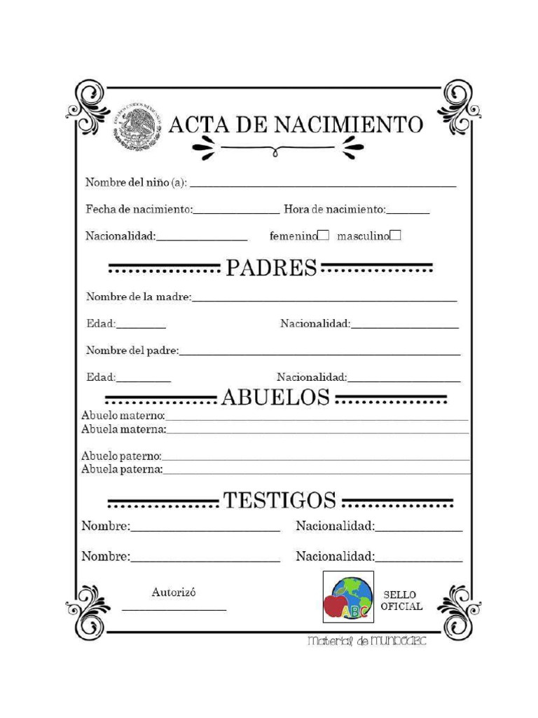 Acta De Nacimiento Para Llenar Pdf