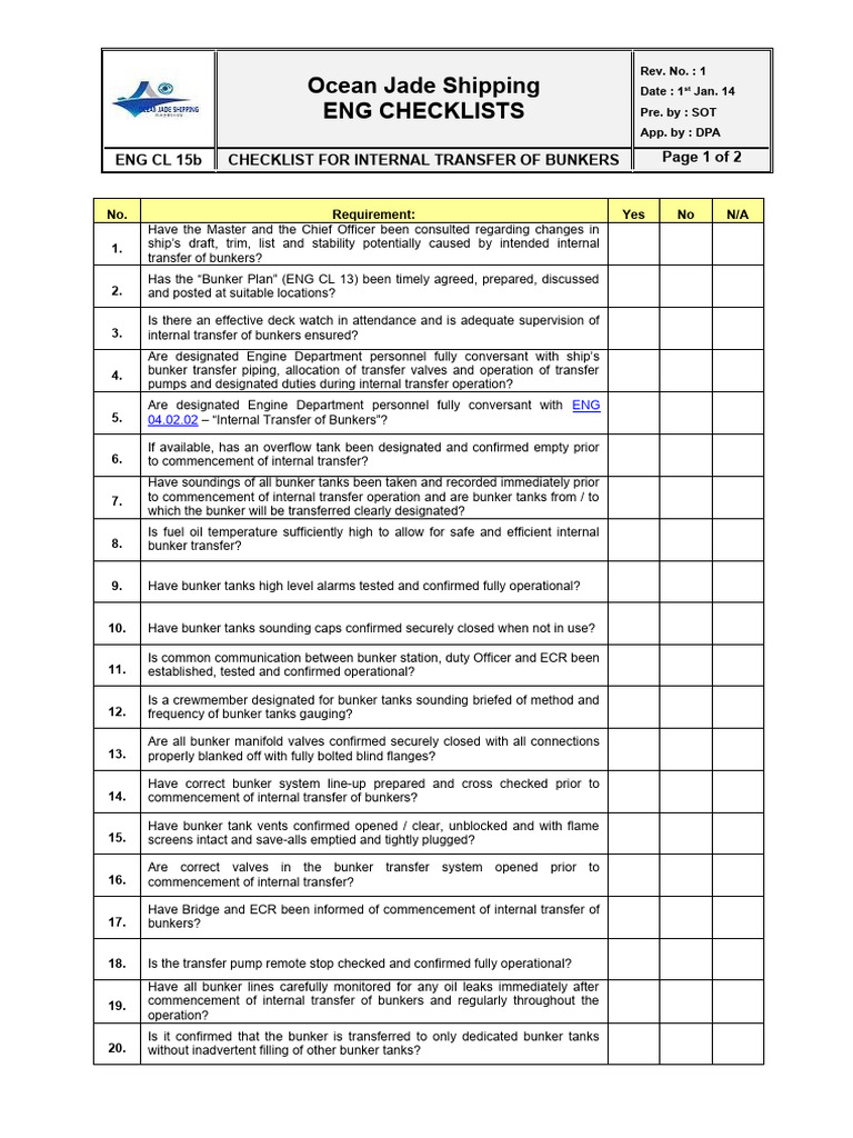 ENG CL 15b - Checklist For Internal Transfer of Bunkers | PDF | Fuel ...