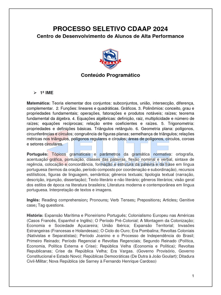 Conteudo Programatico Processo Seletivo CDAAP 2024 | PDF