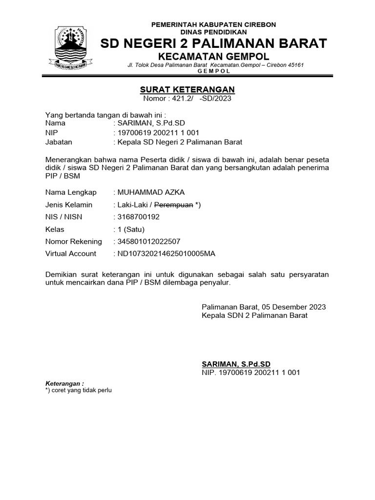 Surat Keterangan BSM | PDF