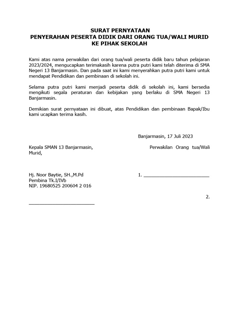 Surat Serah Terima Siswa Baru, 2022 | PDF