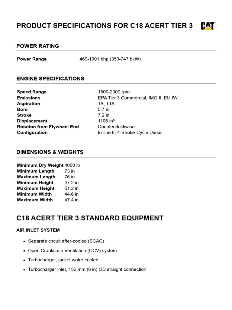 C18 MP Tier 3 Full Specification From CAT Website | PDF | Engines | Pump