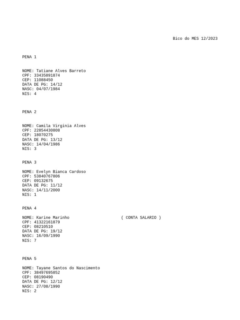 Lista de Bicos 12 2023 Recebimento | PDF | Estilo de vida