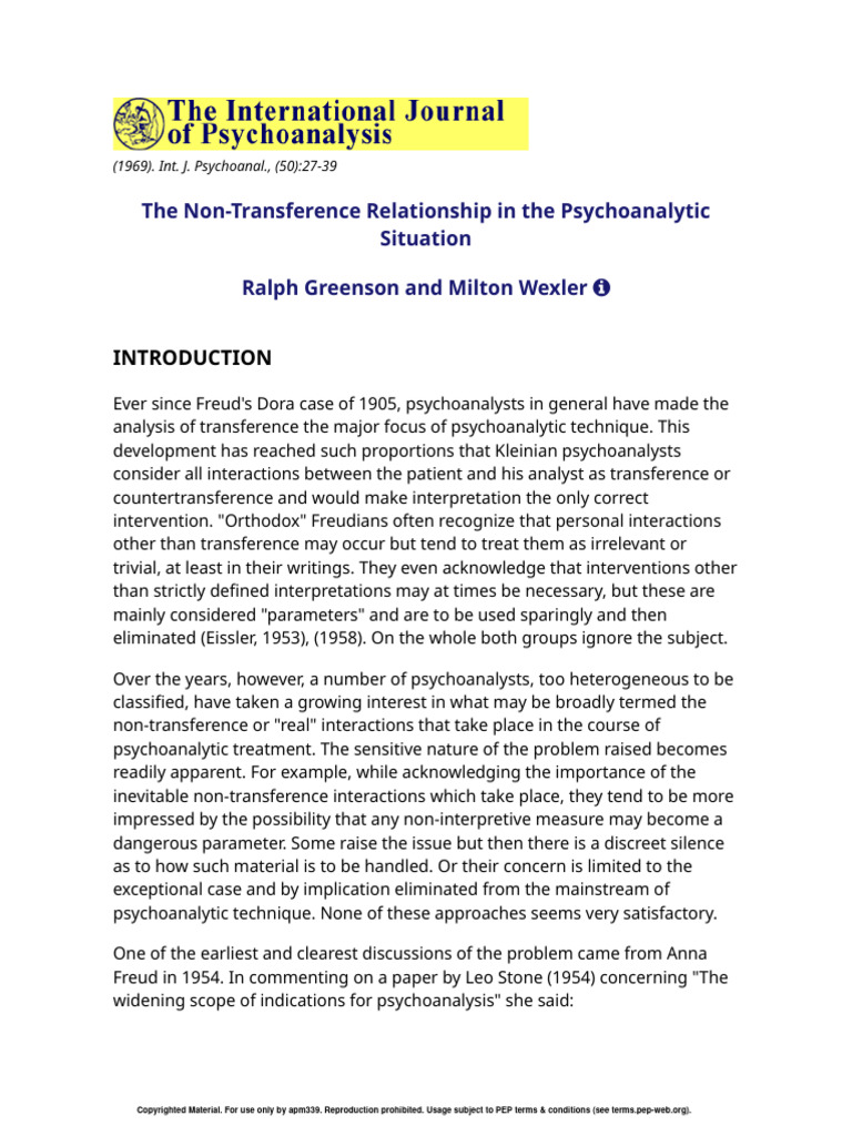 The Non-Transference Relationship in The Psychoanalytic Situation | PDF