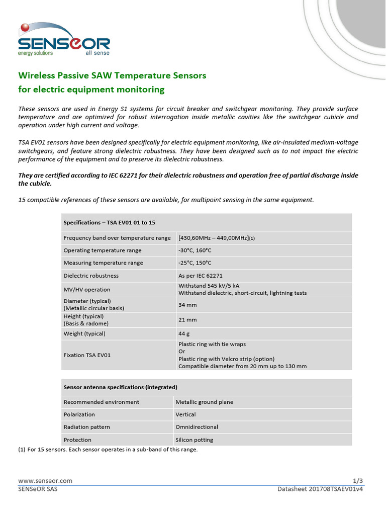 SENSeOR Datasheet 201708TSAEV01v4 | PDF | Antenna (Radio) | Sensor