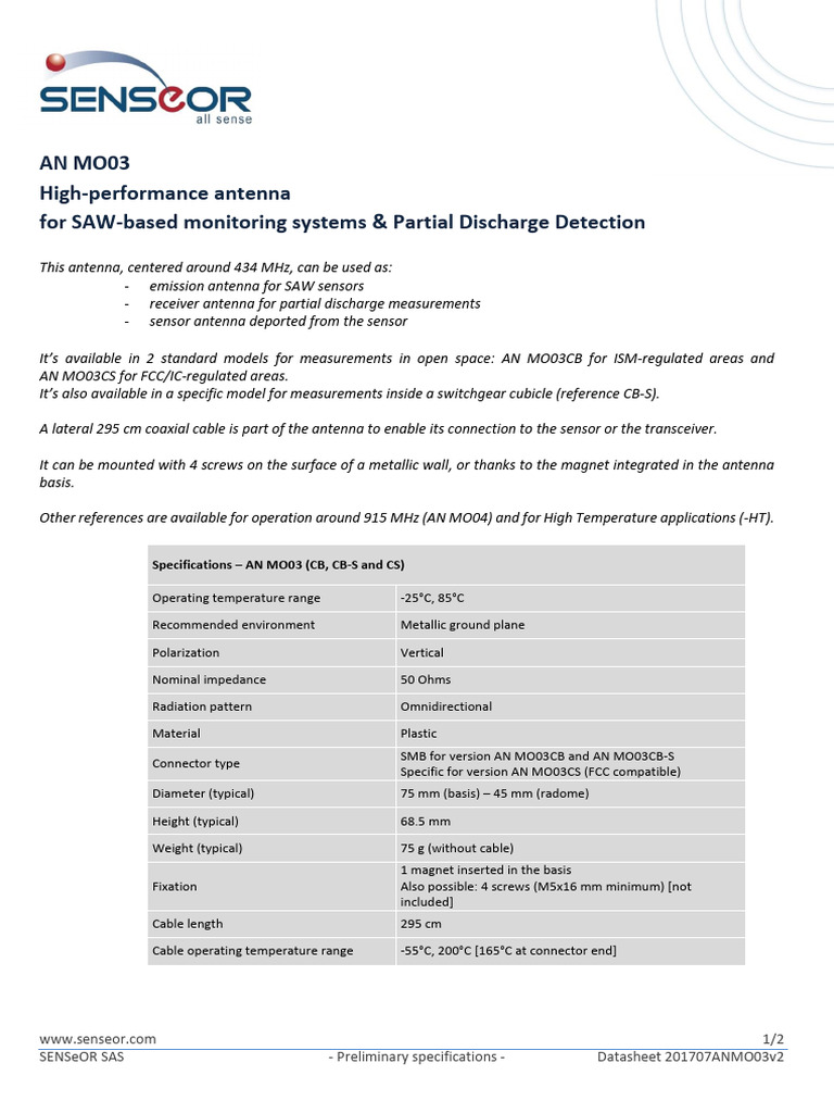 SENSeOR Datasheet 201707ANMO03v2 | PDF