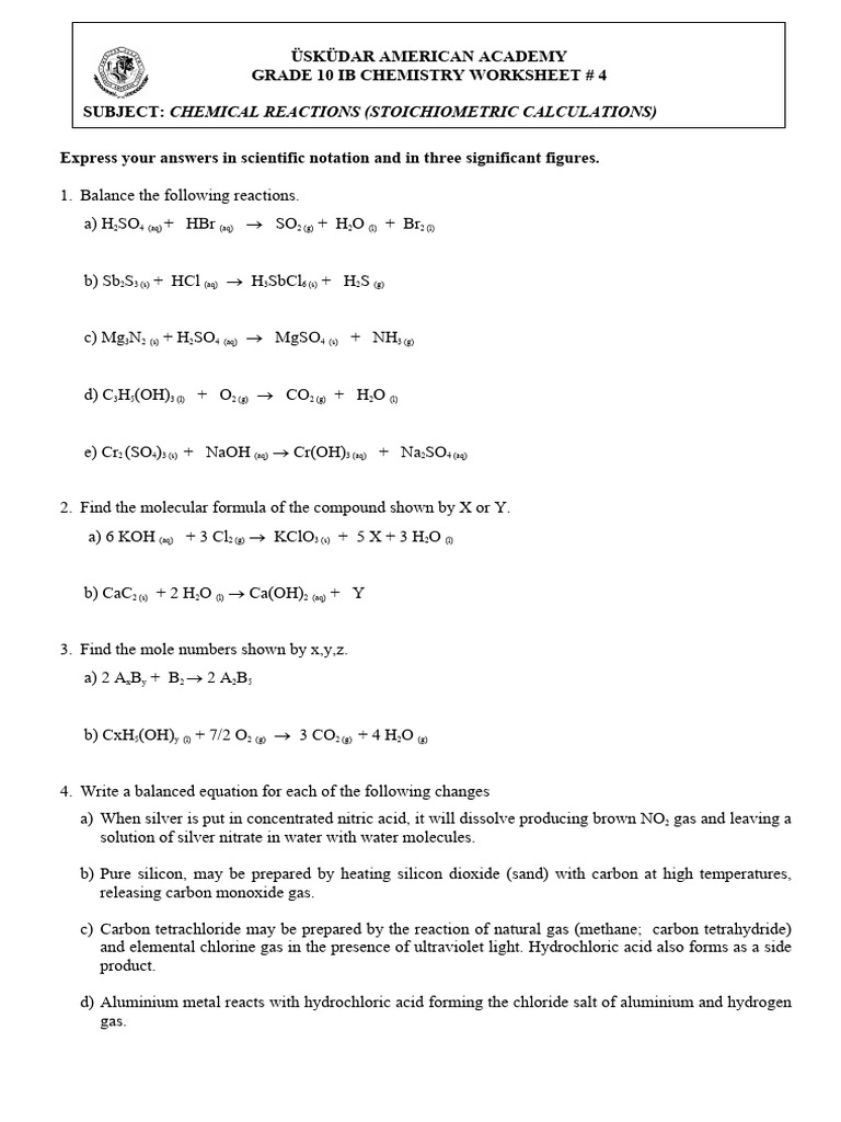 Ws 8 Stoichiometric Calculations With Chemical Reactions | PDF | Mole ...