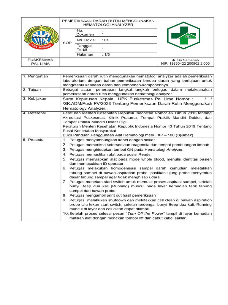SOP Pemeriksaan Darah Rutin | PDF | Kesehatan Holistik