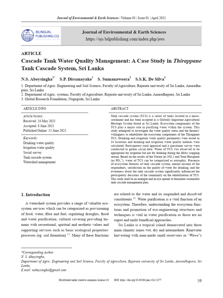 Cascade Tank Water Quality Management: A Case Study in Thirappane Tank ...