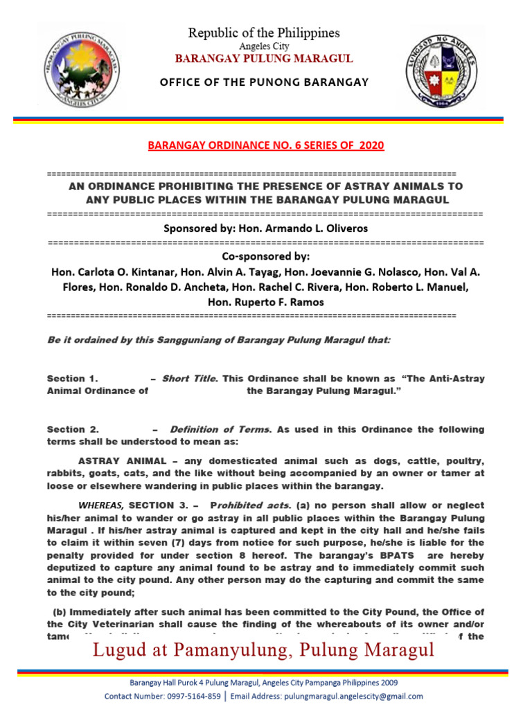 Barangay Pulung Maragul Animal Ordinance | PDF | Detention (Imprisonment) | Local Ordinance