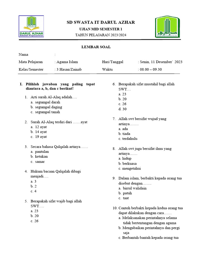 Fiks-Soal Mid KLS 3-Agama Islam | PDF