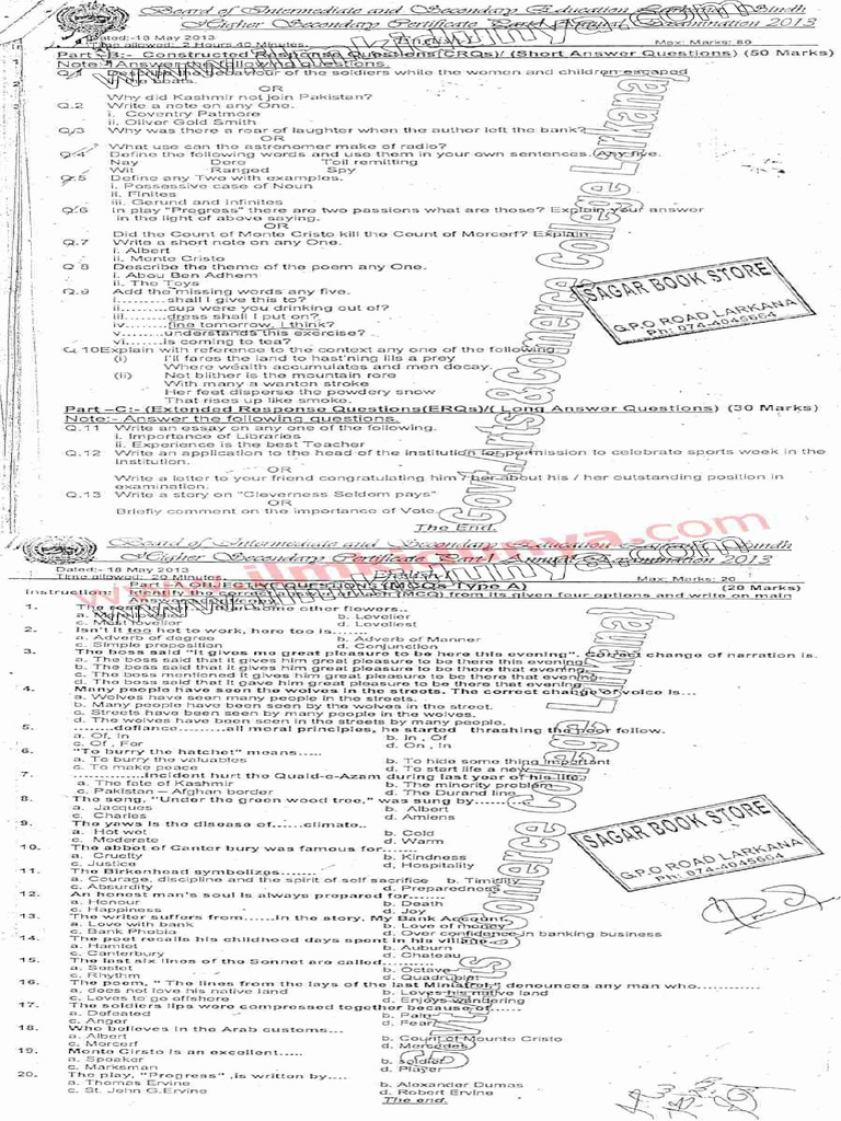 Past Papers 2013 Inter Part 1 Larkana Board English | PDF