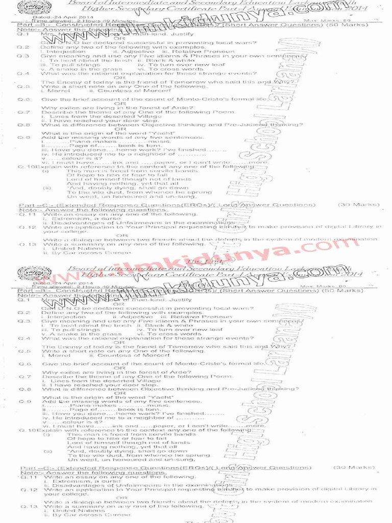 Past Papers 2014 Inter Part 1 Larkana Board English | PDF