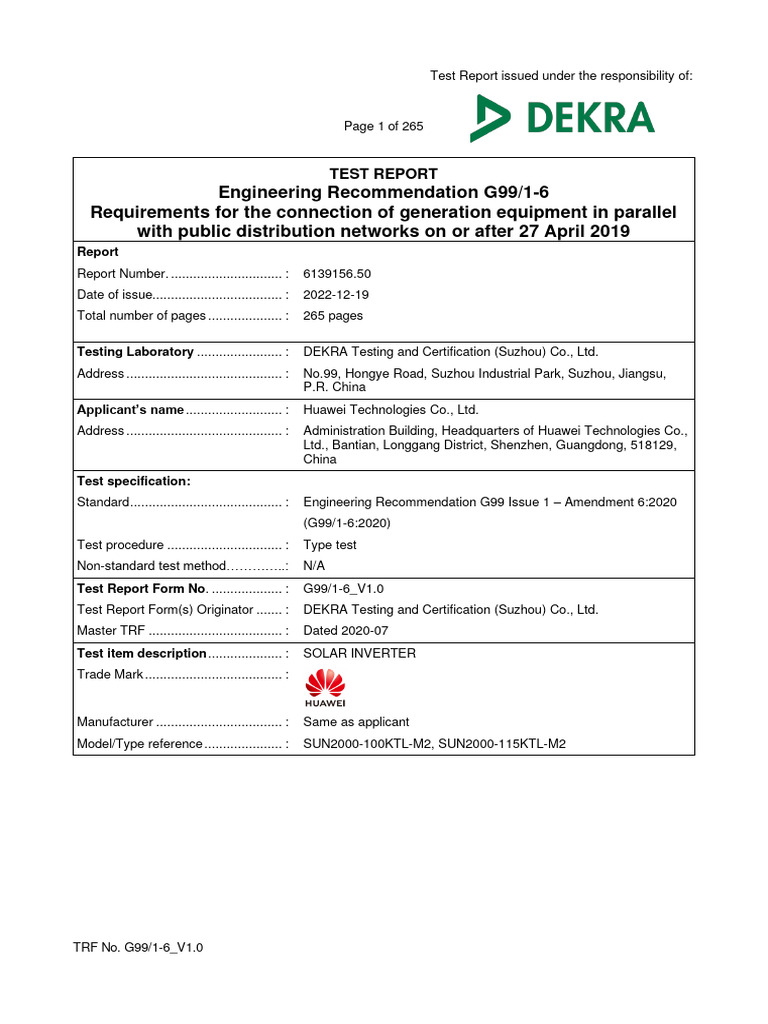 SUN2000-100M2_115M2 G99 TestReport Rel_DEKRA_20221219 | PDF | Power ...