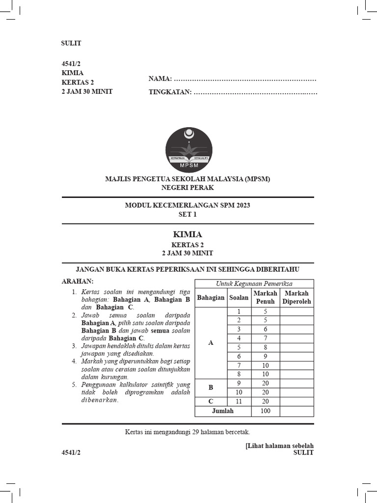 Kimia K2 Set 1 Trial Perak 2023 | PDF