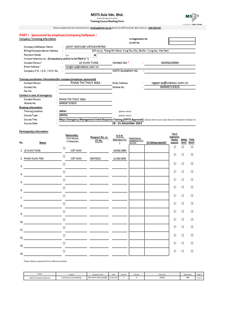 Booking Form - MSTS Asia Centre Training | PDF | Government | Economies
