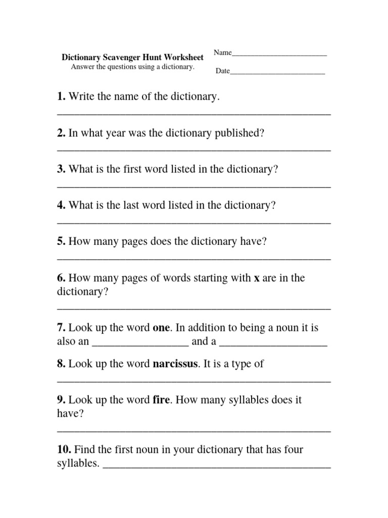Dictionary Scavenger Hunt Worksheet: Name - Date | PDF