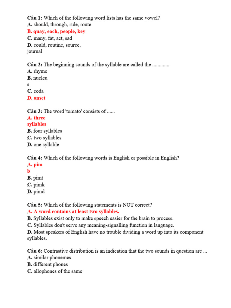 Phonetics and Phonology Quiz | PDF | Syllable | Vowel