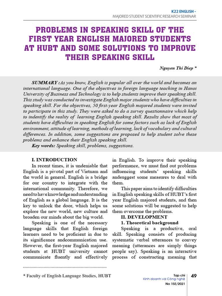 Problems in Speaking Skill of The First Year English Majored Students at Hubt and Some Solutions ...