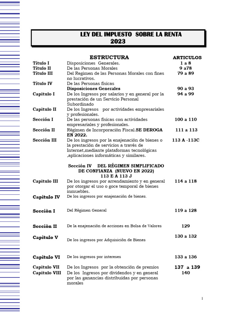 Estructura de la Ley del ISR 2023 | PDF | Impuestos | Acciones preferentes