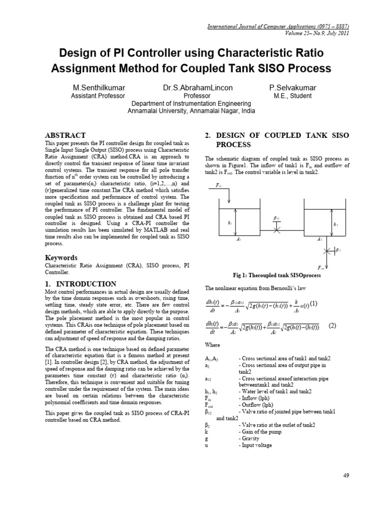 Design Of Pi Controller Using Characteristic Ratio Assignment Method