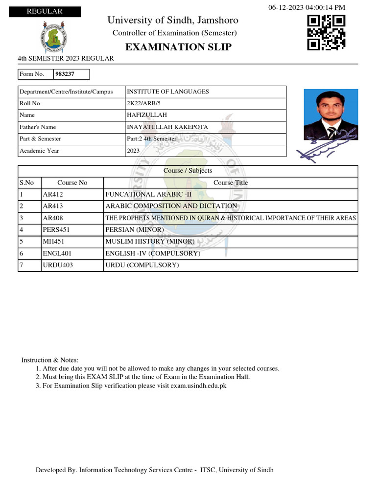Examination Slip: University of Sindh, Jamshoro | PDF