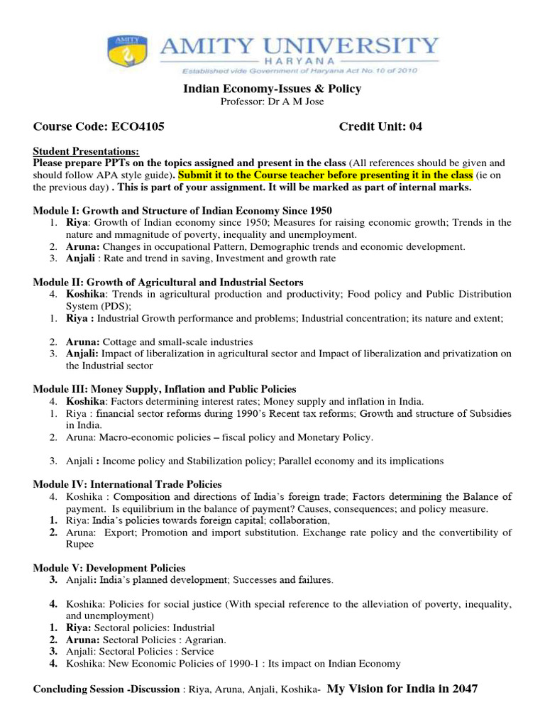 Indian Economy - Issues and Policy - Student Assignments - PPTs To Be ...