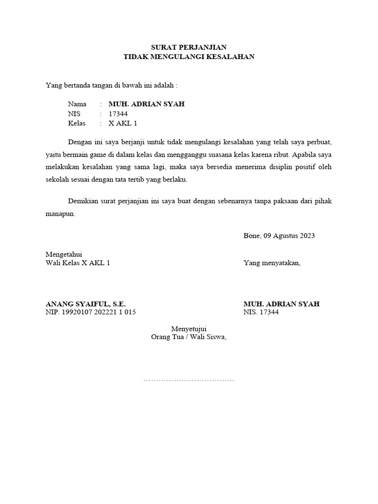 Contoh Surat Perjanjian Tidak Mengulangi Kesalahan | PDF