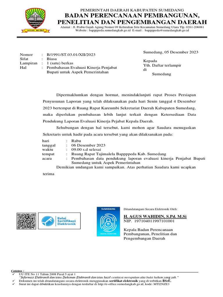 Surat - Undangan Dialog Kinerja Aspek Pemerintahan | PDF