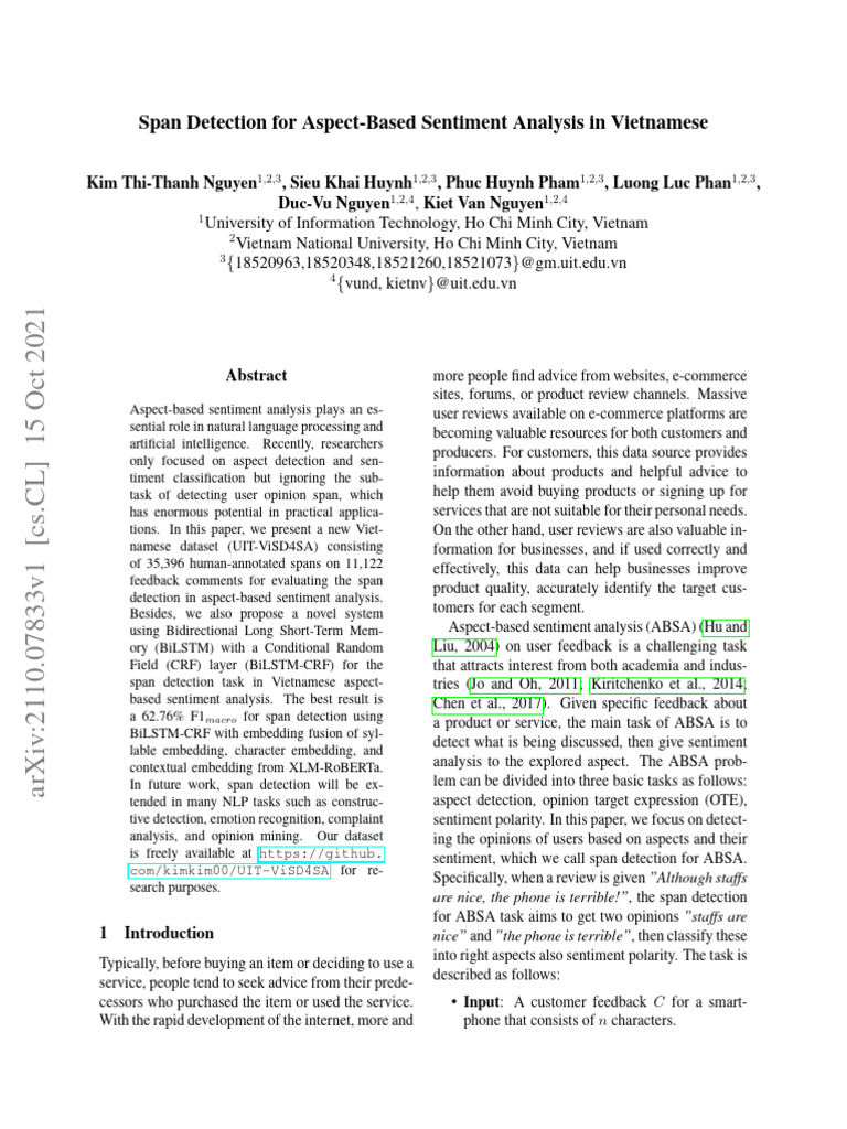 Span Detection For Aspect Based Sentiment Analysis In Vietnamese Pdf