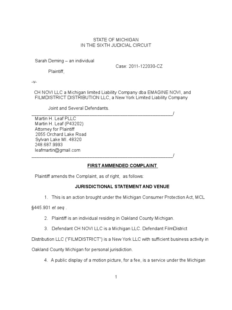 (First Amended) Complaint Sarah Deming V CH Novi, LLC Et Al. | PDF ...