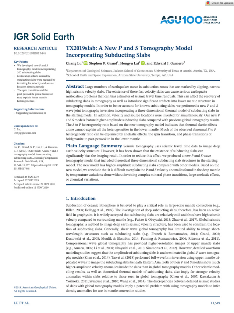 JGR Solid Earth - 2019 - Lu - TX2019slab A New P and S Tomography Model Incorporating Subducting ...