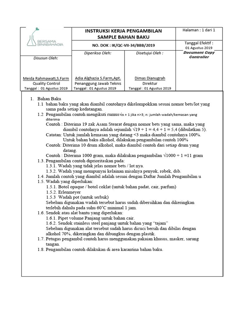 INSTRUKSI KERJA PENGAMBILAN CONTOH BAHAN BAKU DAN BAHAN Baku | PDF