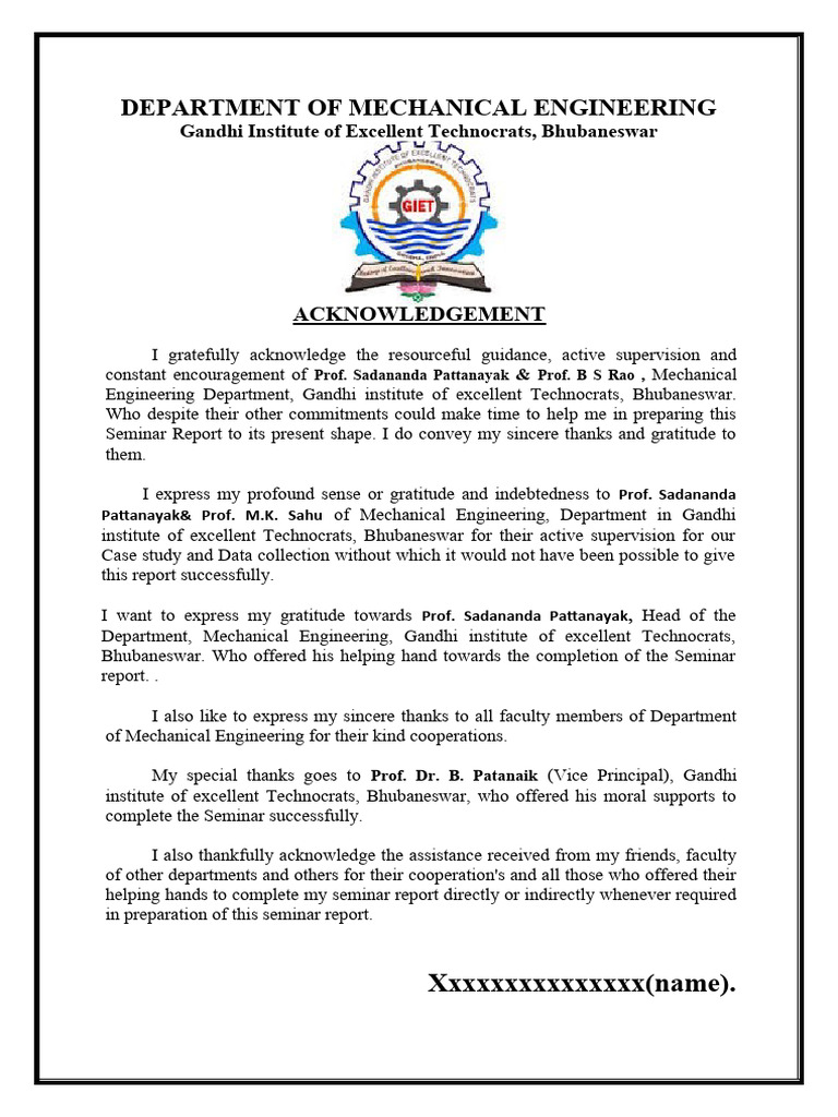 Department of Mechanical Engineering: Acknowledgement | PDF