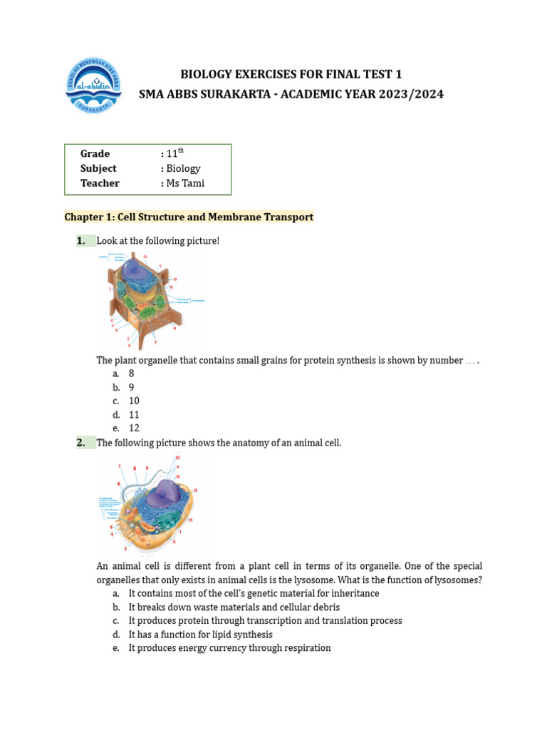 Biology Exercise For Final Test - Semester 1 - 2023 - 2024 | PDF ...