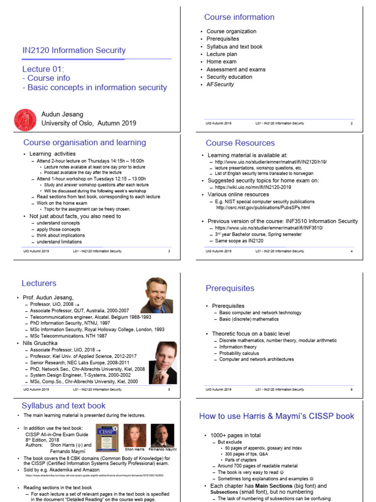 In2120 2019 h01 Intro Basics | PDF | Information Security | Lecture