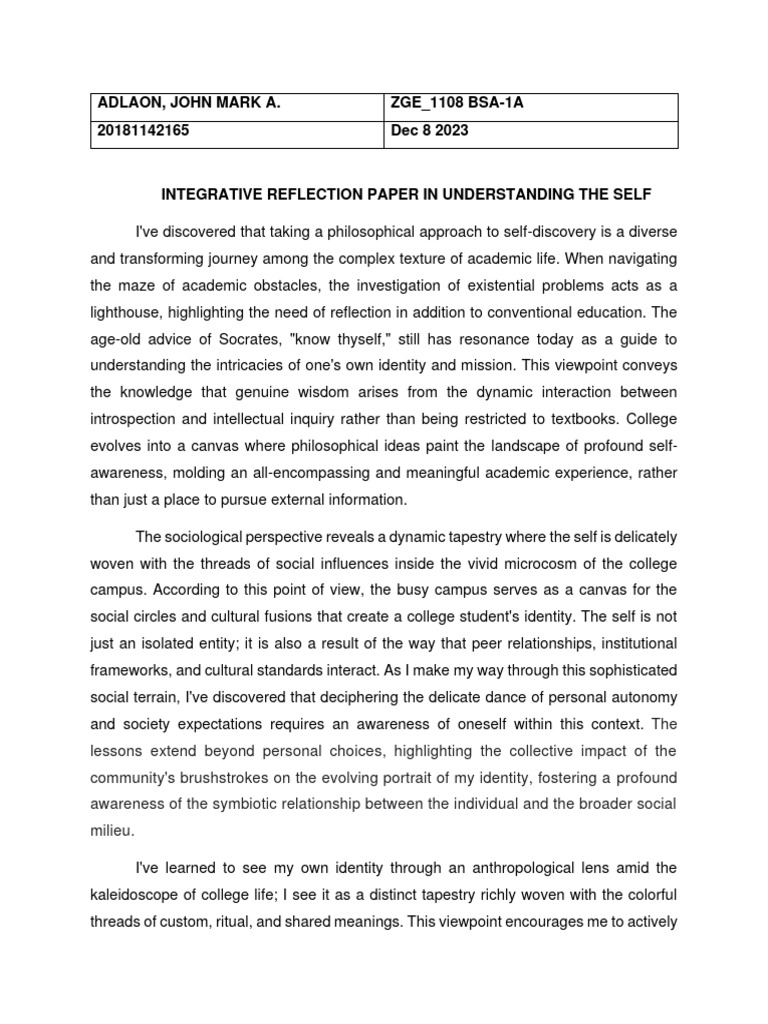 Integrative Reflection Paper in Understanding The Self - Adlaon | PDF