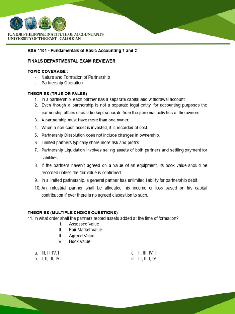 BSA 1101 Fundamentals of Basic Accounting 1 and 2 Finals | PDF ...
