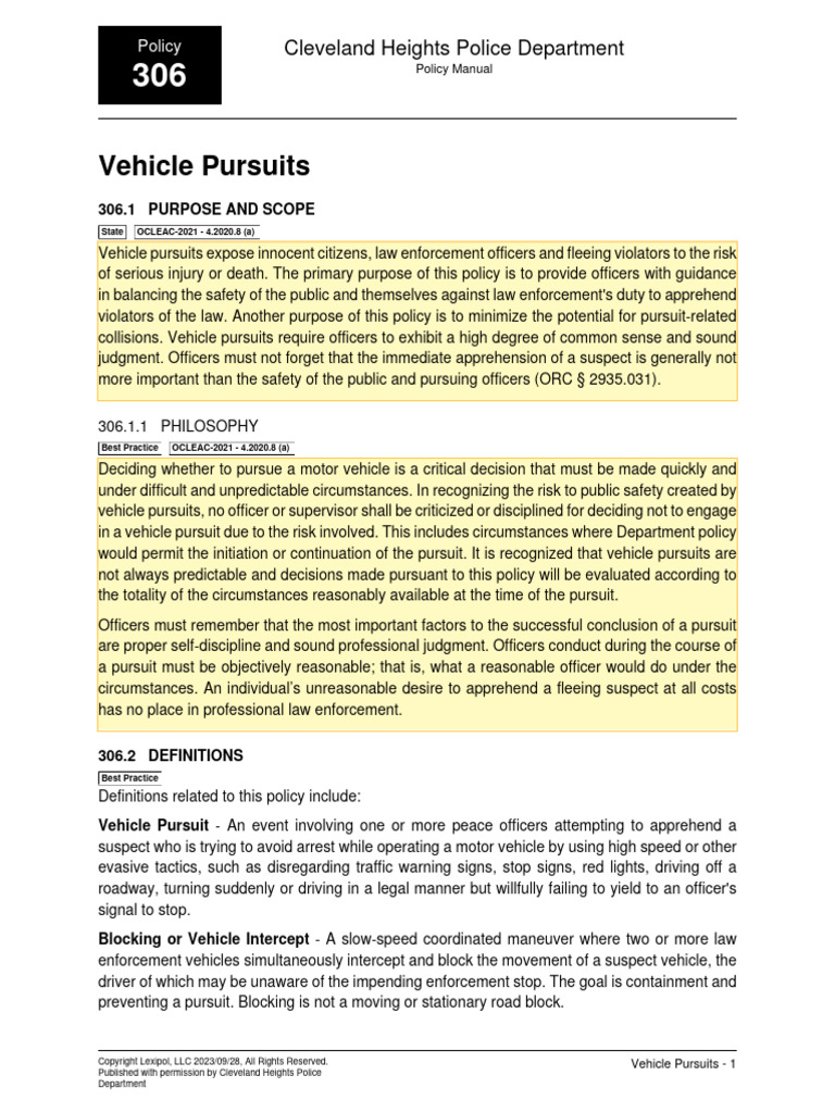 Cleveland Heights Police Vehicle Pursuit Policy | PDF | Traffic | Police