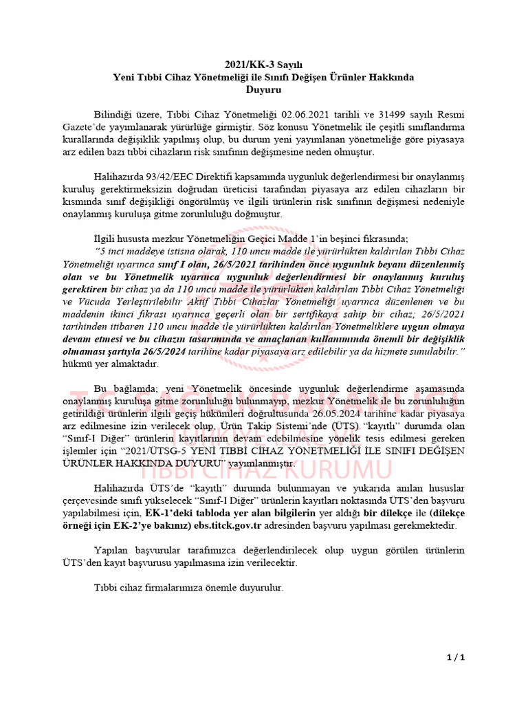 2021 KK-3 Sayılı Yeni Tıbbi Cihaz Yönetmeliği Ile Sınıfı Değişen Ürünler | PDF
