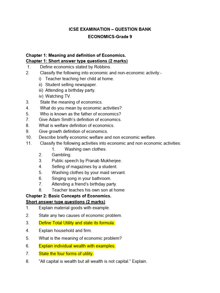 Eco - Grade 9 Question Bank 15-16 | PDF | Unemployment | Poverty