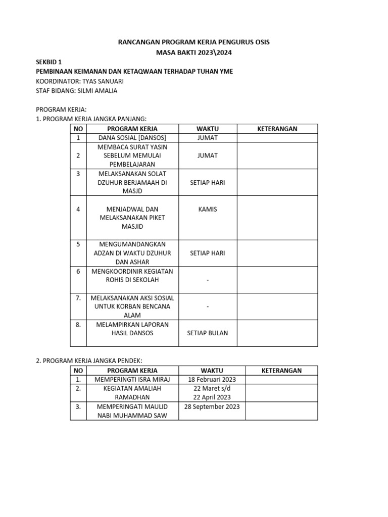 Program Kerja Pengurus Osis 2023 2024 | PDF