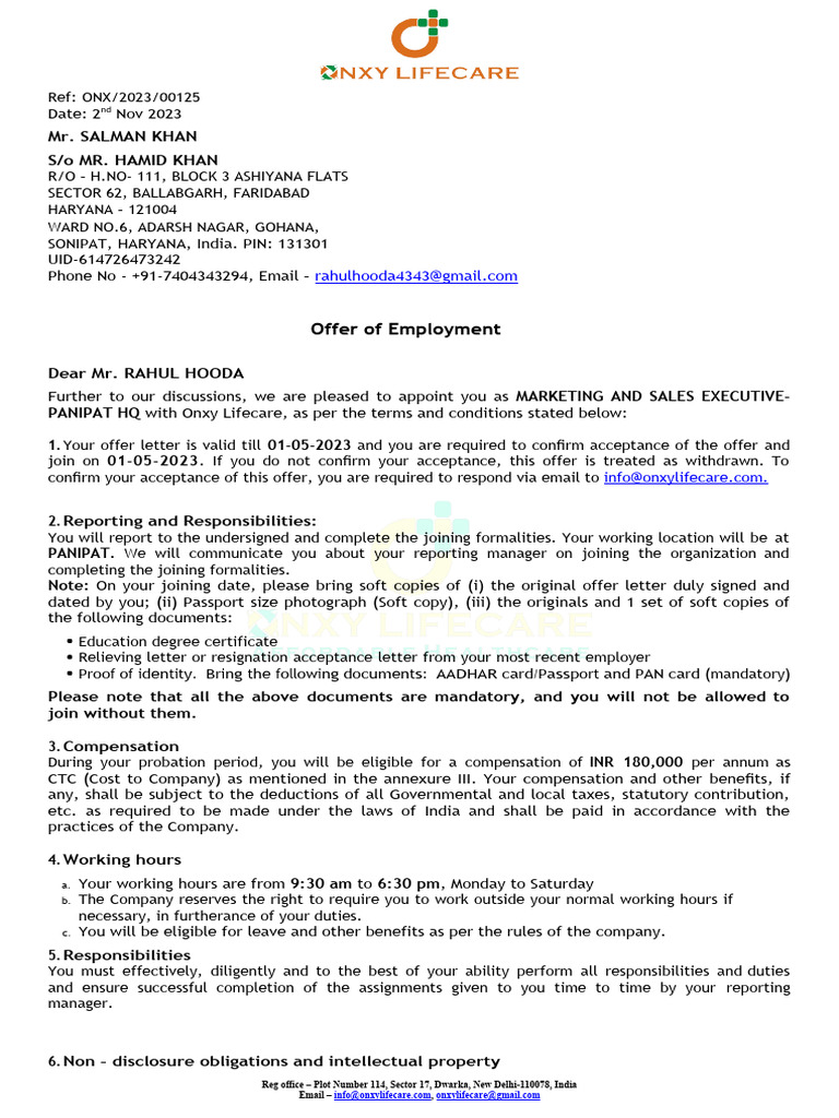 Offer Letter - SOMBIR | PDF | Patent | Employment