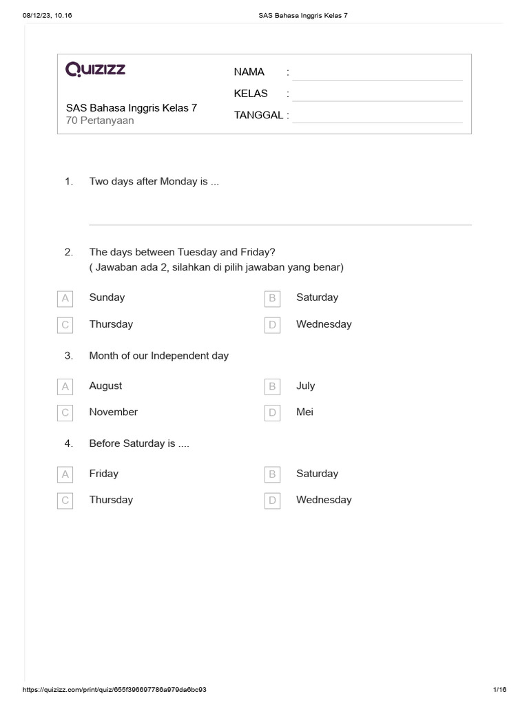 SAS Bahasa Inggris Kelas 7 | PDF