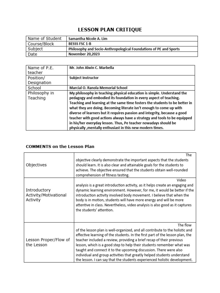 LP Critiquing Template | PDF | Lesson Plan | Physical Education