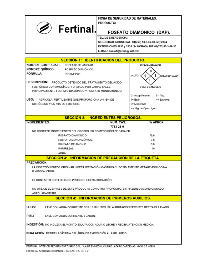 DAP Hoja de Seguridad | PDF | Amoníaco | Ácido fosfórico