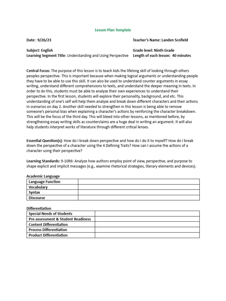 lesson plan perspective | PDF | Communication | Cognitive Science